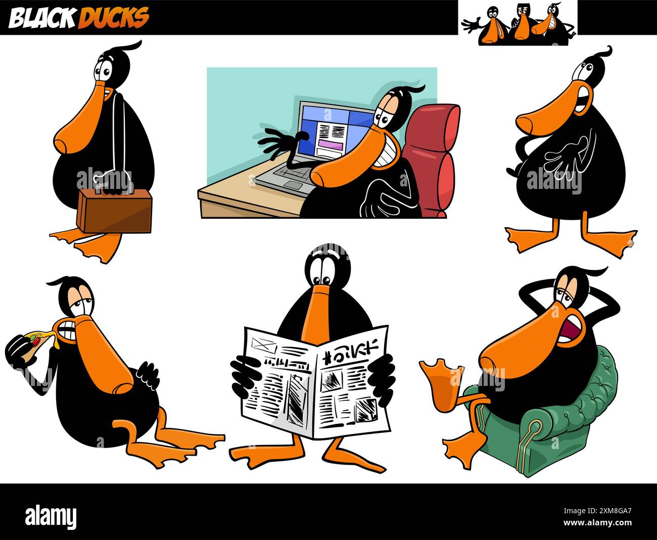 Cartoon illustration of funny black duck animal characters set Stock ...