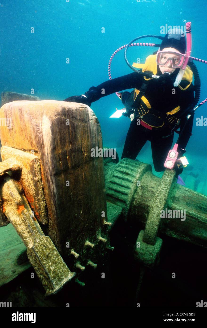 Female diver on the Sweepstakes Shipwreck, Tobermory, Ontario, Canada ...
