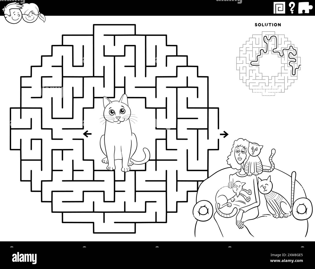 Cartoon illustration of educational maze puzzle activity with woman and ...