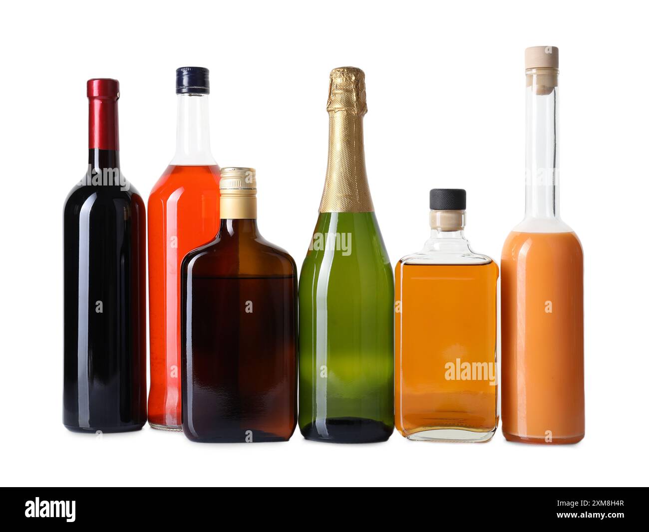 Bottles of different alcoholic drinks isolated on white Stock Photo - Alamy