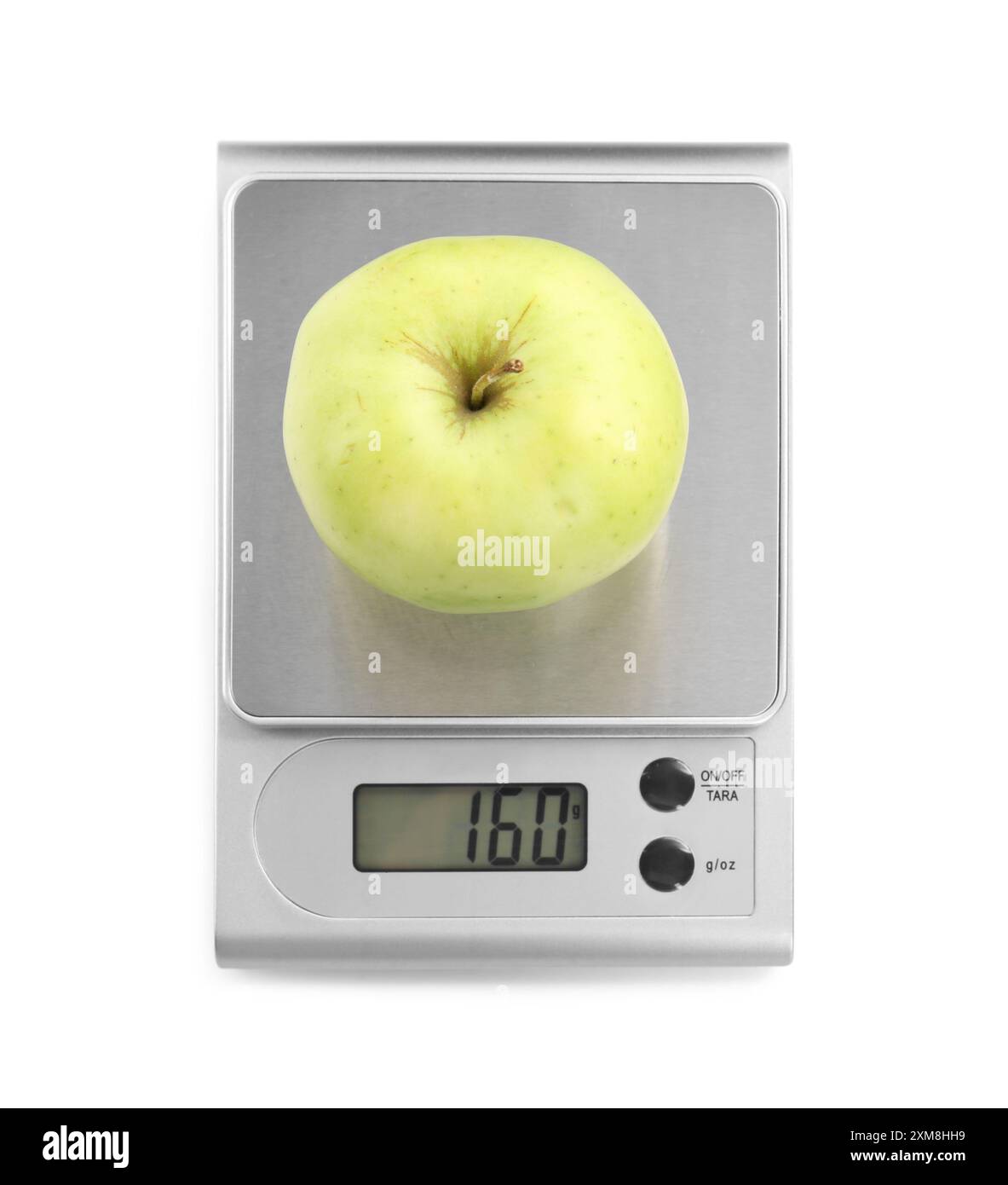 Kitchen scale with apple isolated on white, top view Stock Photo - Alamy