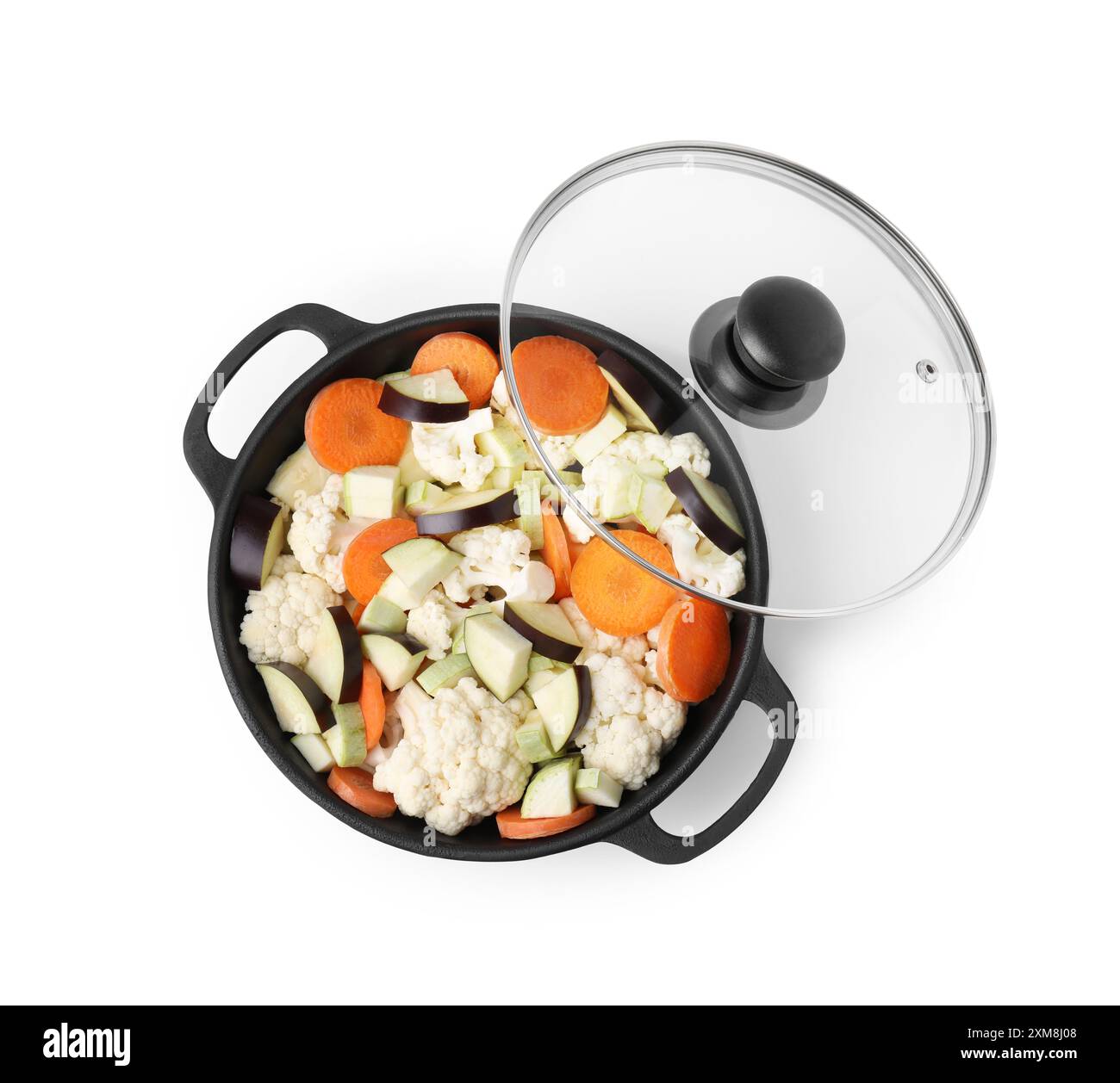 Cooking stew. Cut raw vegetables in pot isolated on white, top view ...