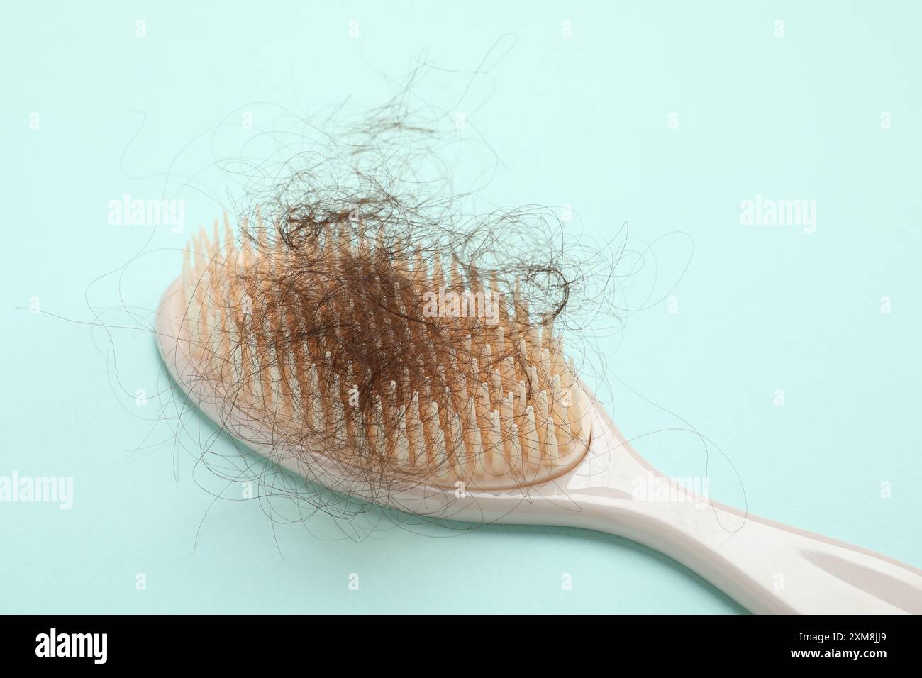 One brush with lost hair on light blue background. Alopecia problem ...