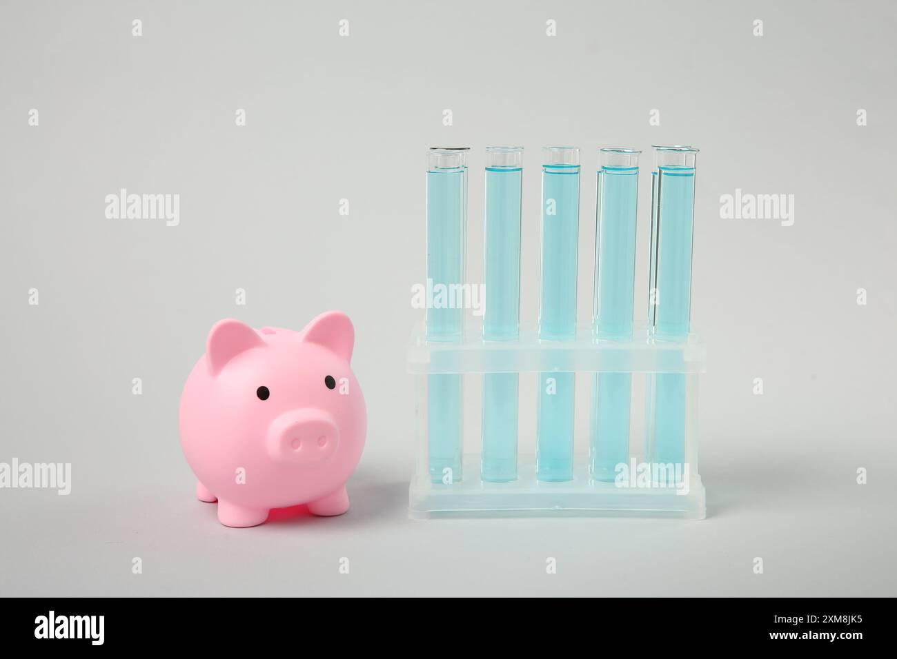 Water save concept. Piggy bank and liquid in test tubes on light grey ...
