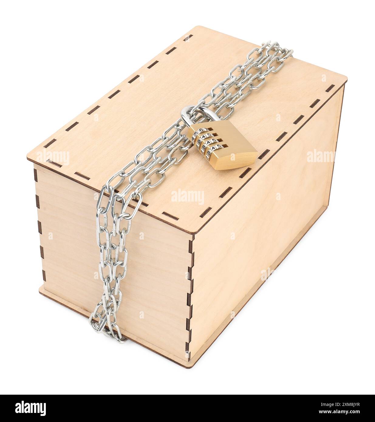 Secret parcel. One wooden box with metal chain and padlock isolated on ...