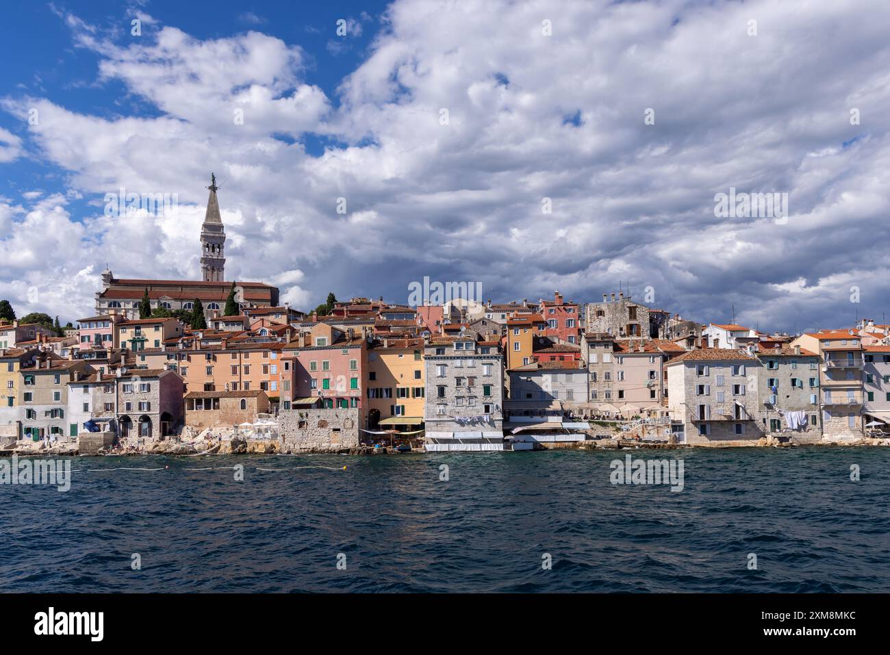 Waterfront colourful historic buildings of Rovinj old town as seen from ...