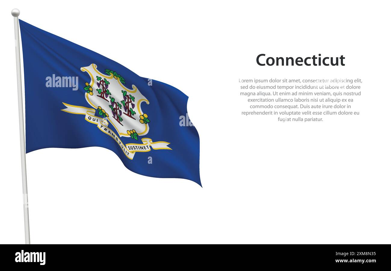 Isolated waving flag of Connecticut is a state United States on white ...