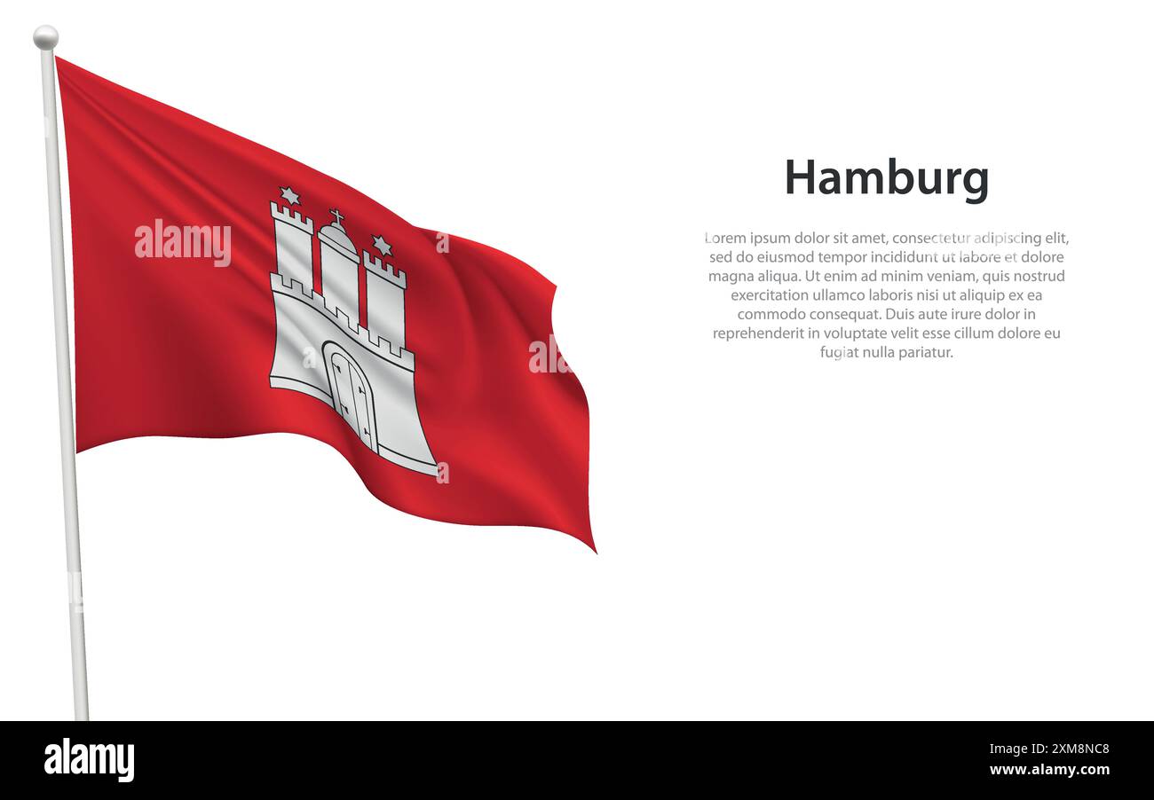 Isolated waving flag of Hamburg is a state Germany on white background ...