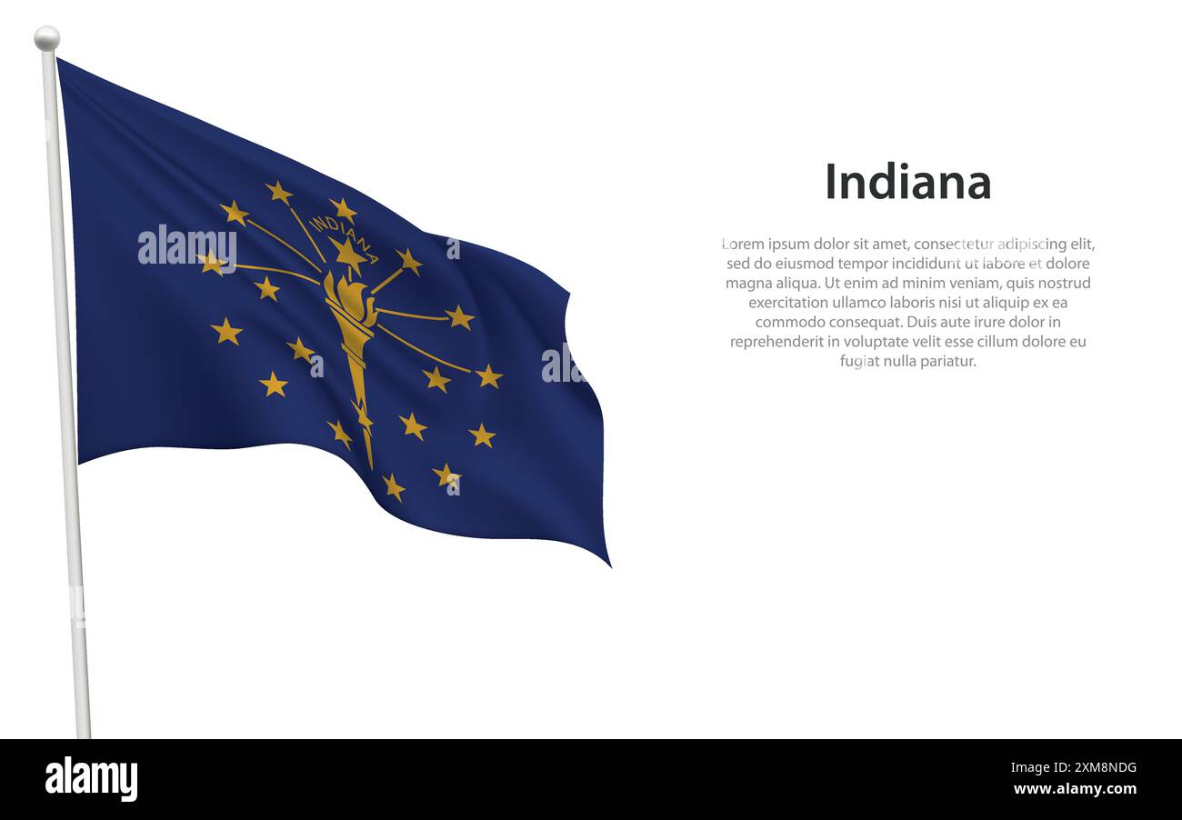Isolated waving flag of Indiana is a state United States on white ...