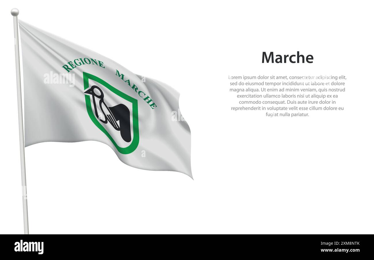 Isolated waving flag of Marche is a region Italy on white background ...