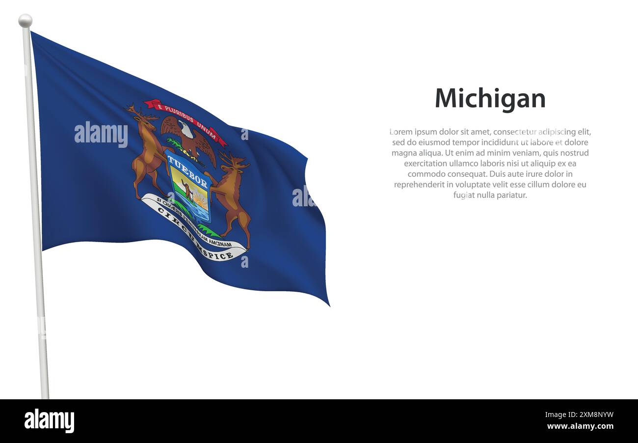 Isolated waving flag of Michigan is a state United States on white ...