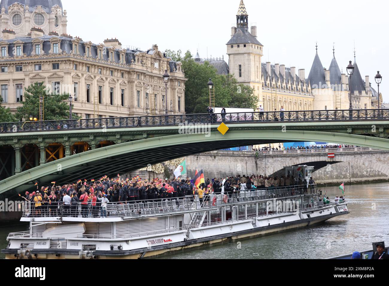 Paris, France. 26th July, 2024. Opening Ceremonies. A boat carrying ...
