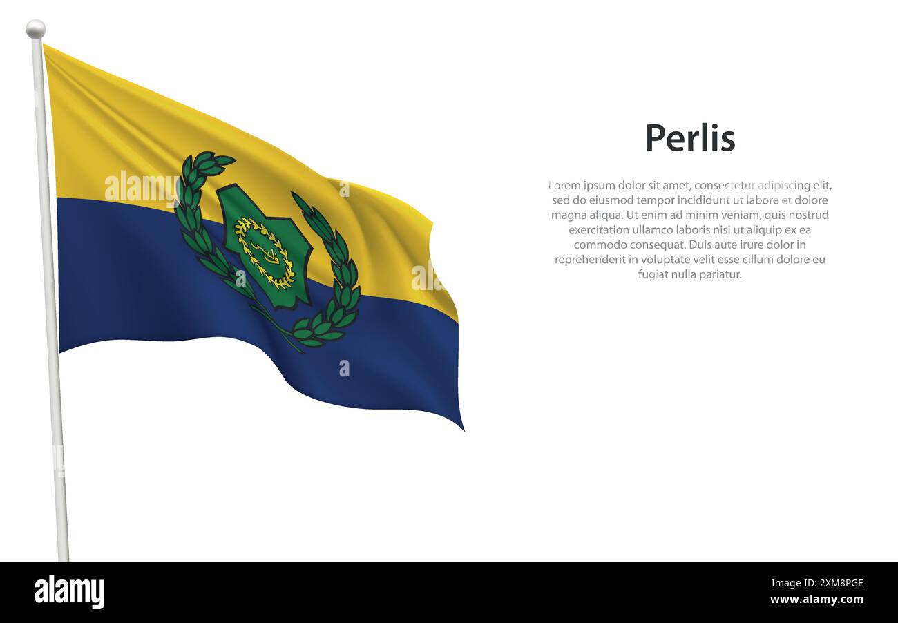 Isolated waving flag of Perlis is a state Malaysia on white background ...