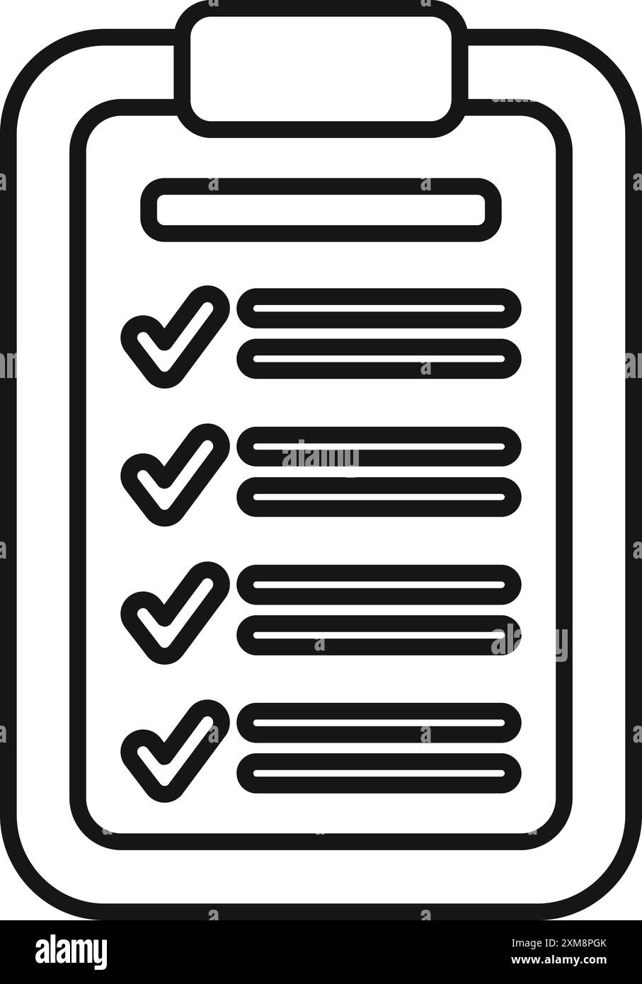 This simple line drawing represents a clipboard featuring several lines with check marks ...