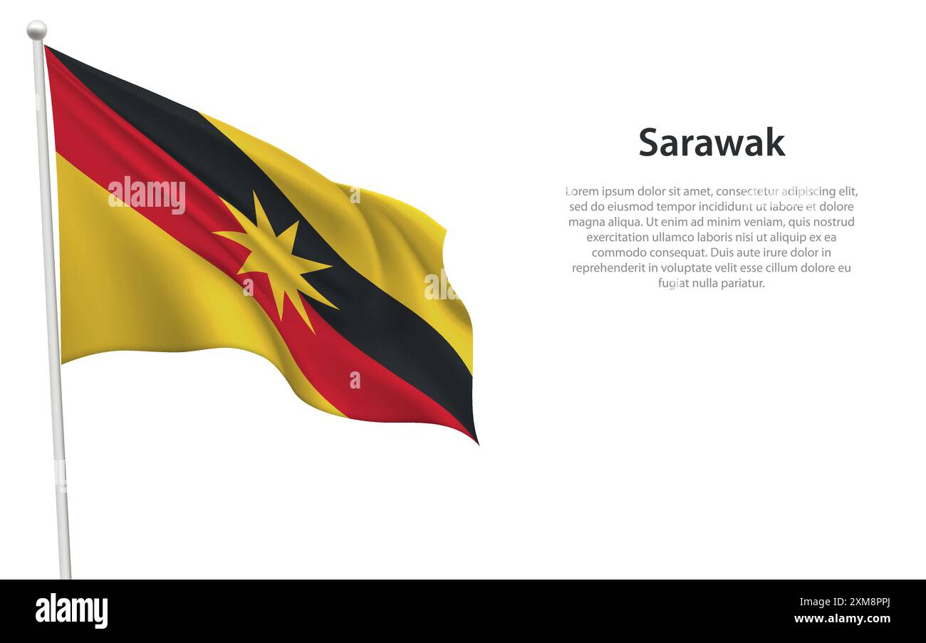 Isolated waving flag of Sarawak is a state Malaysia on white background ...