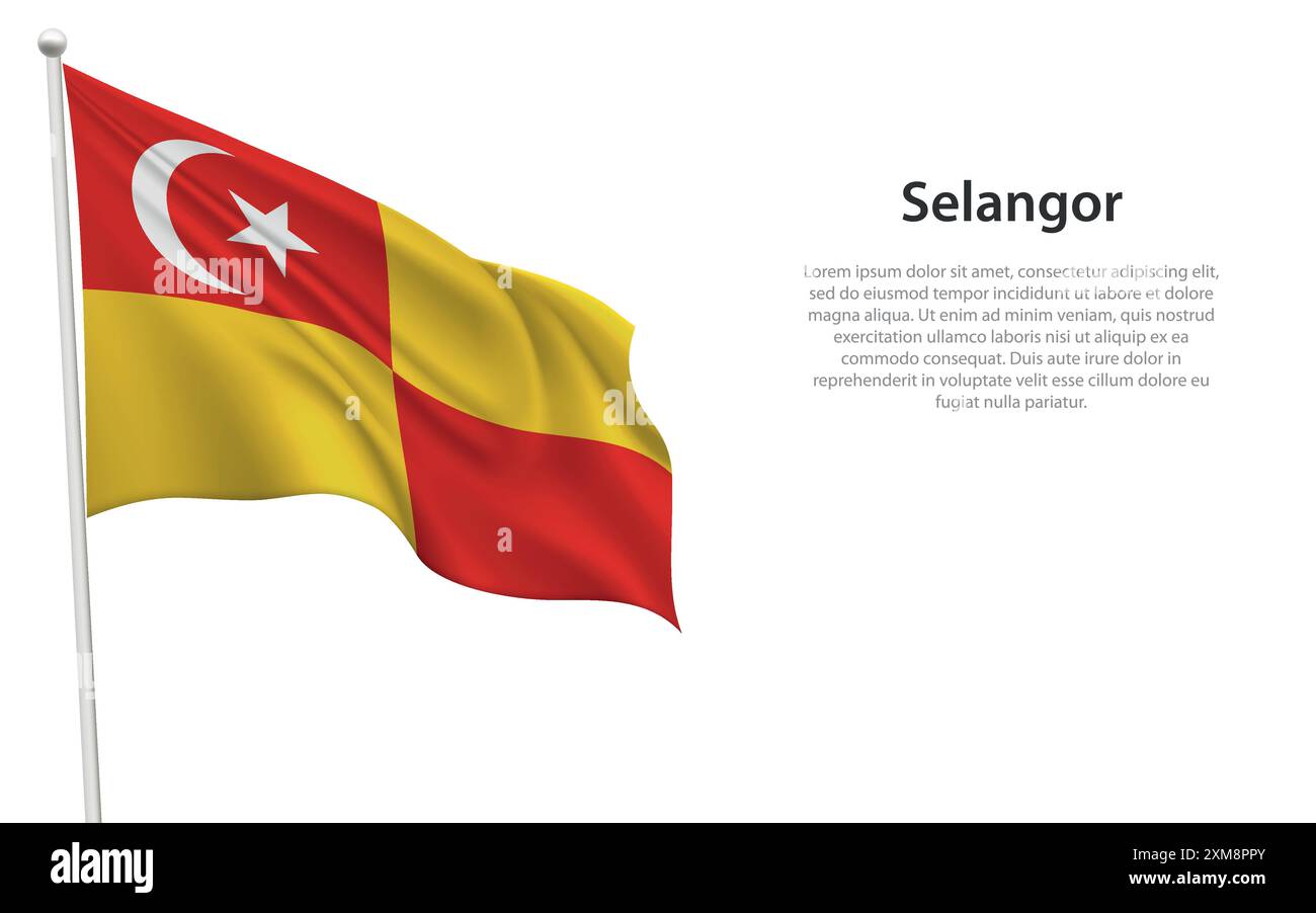 Isolated waving flag of Selangor is a state Malaysia on white ...