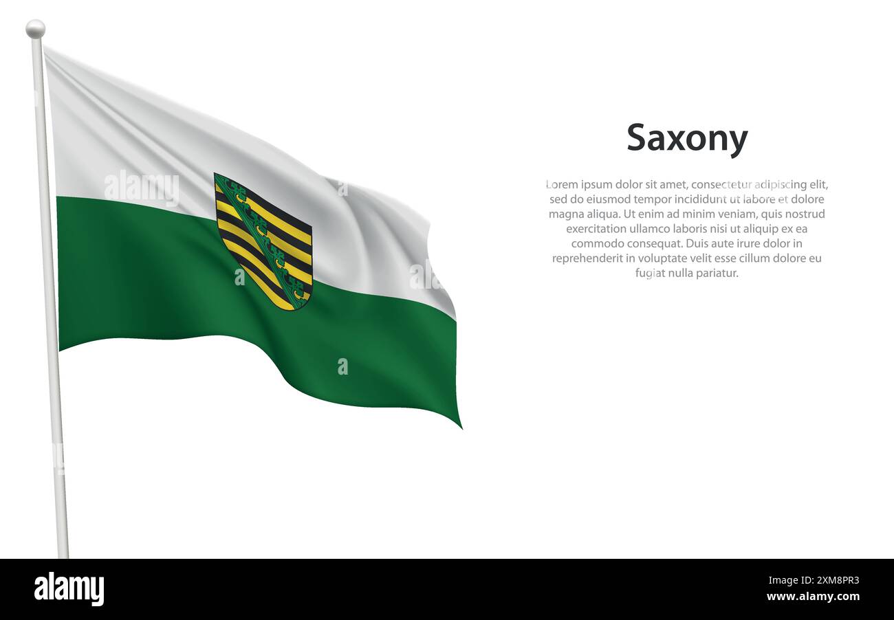 Isolated waving flag of Saxony is a state Germany on white background ...