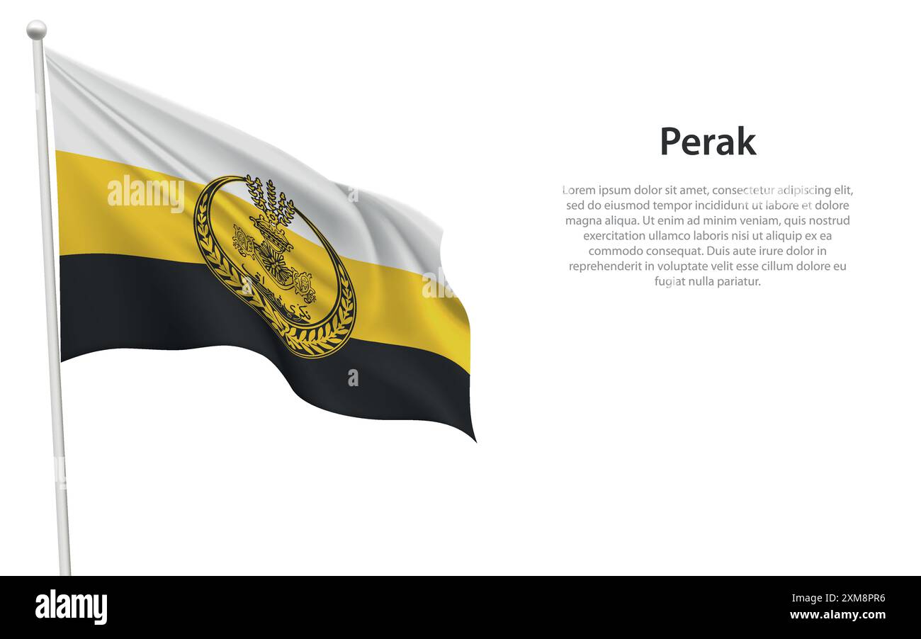 Isolated waving flag of Perak is a state Malaysia on white background ...