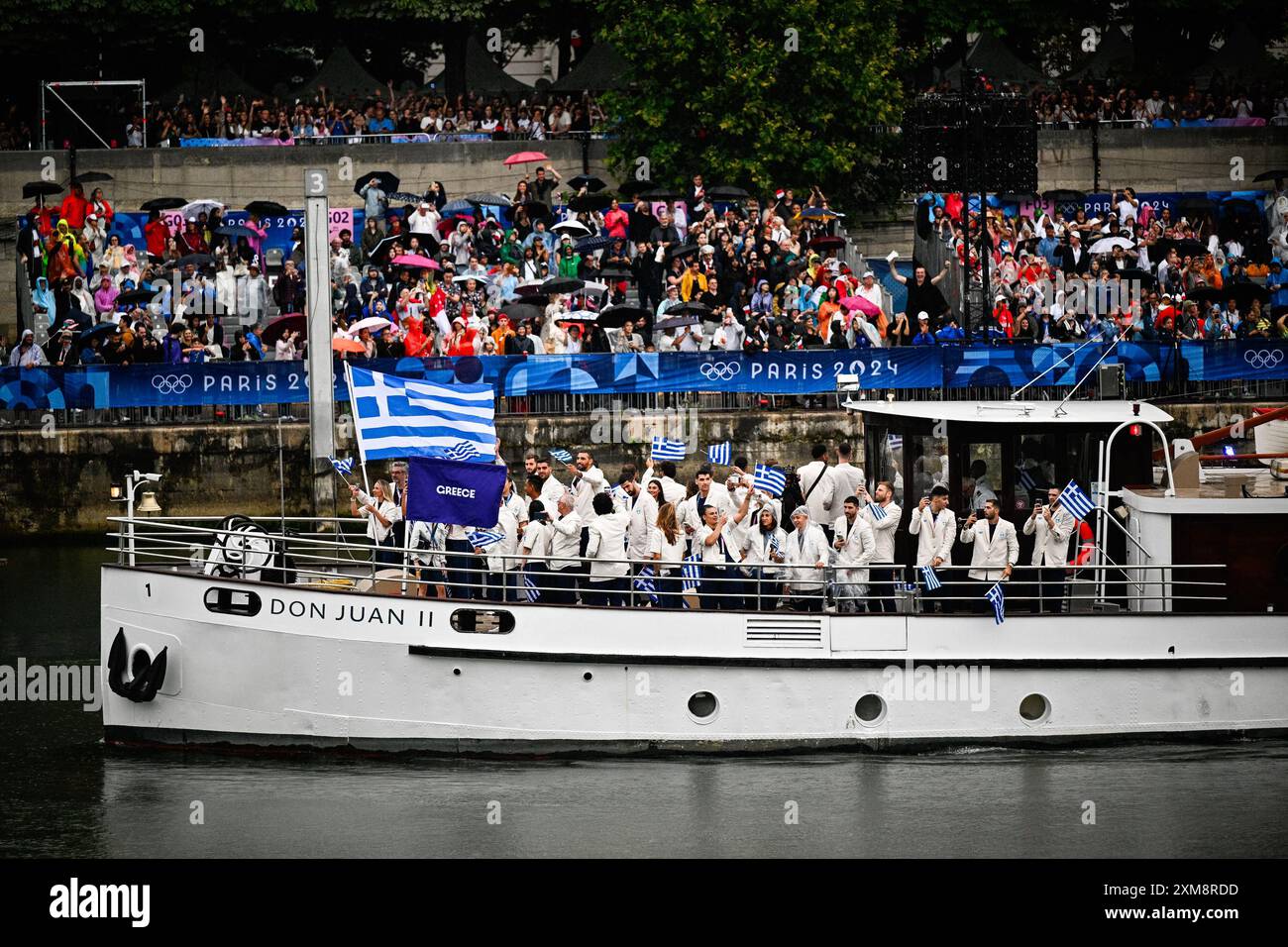 Paris, France. 26th July, 2024. Team Greece pictured on the boat during ...