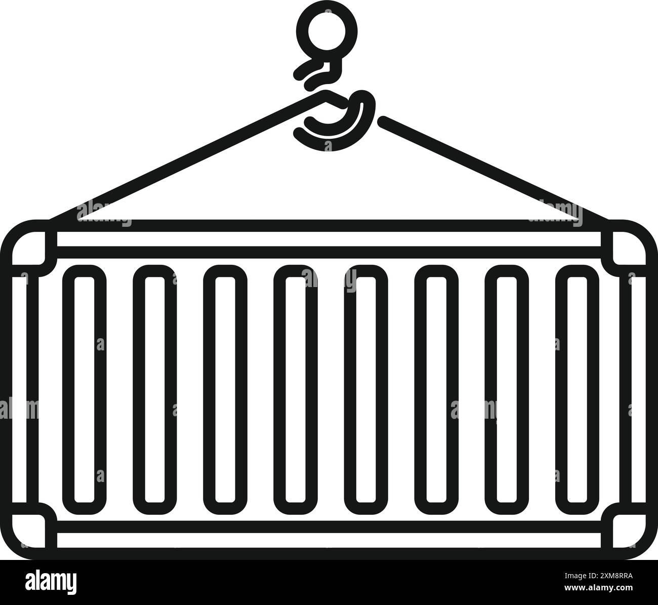 Simple icon of a crane hook lifting a shipping container, representing ...