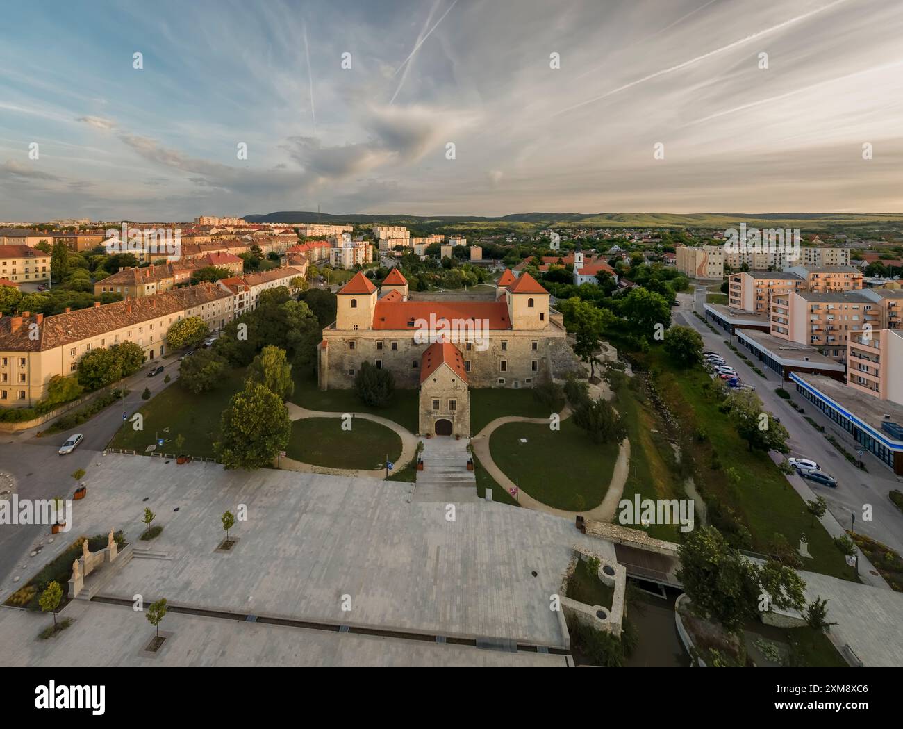 Aerial view of Varpalota Thury castle with newly renovated red orange ...