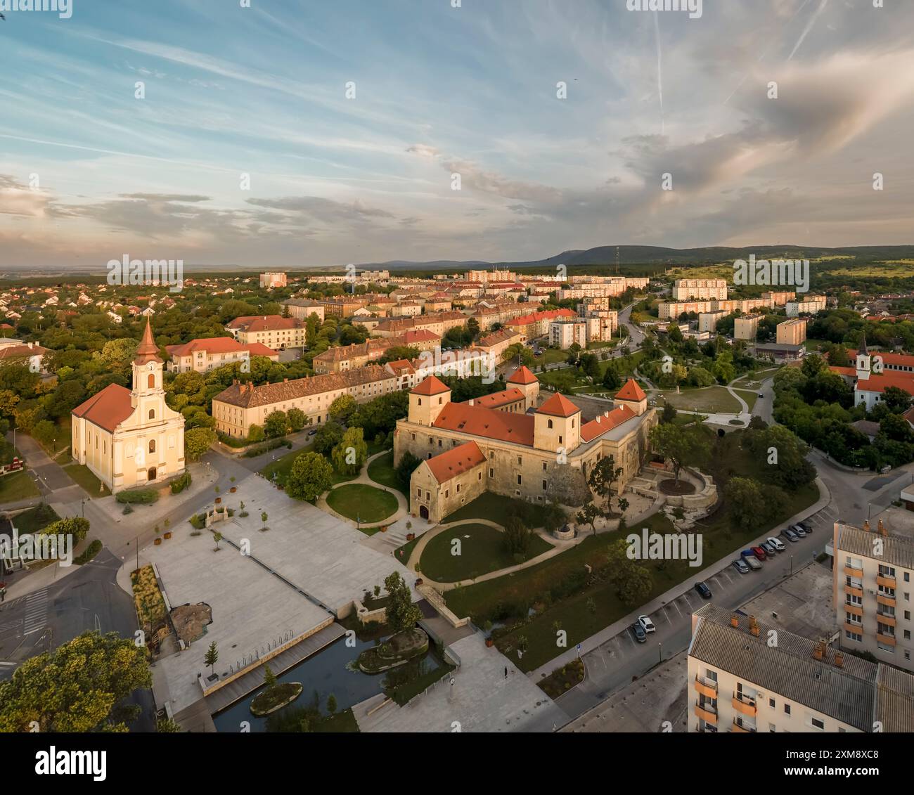 Aerial view of Varpalota Thury castle with newly renovated red orange ...
