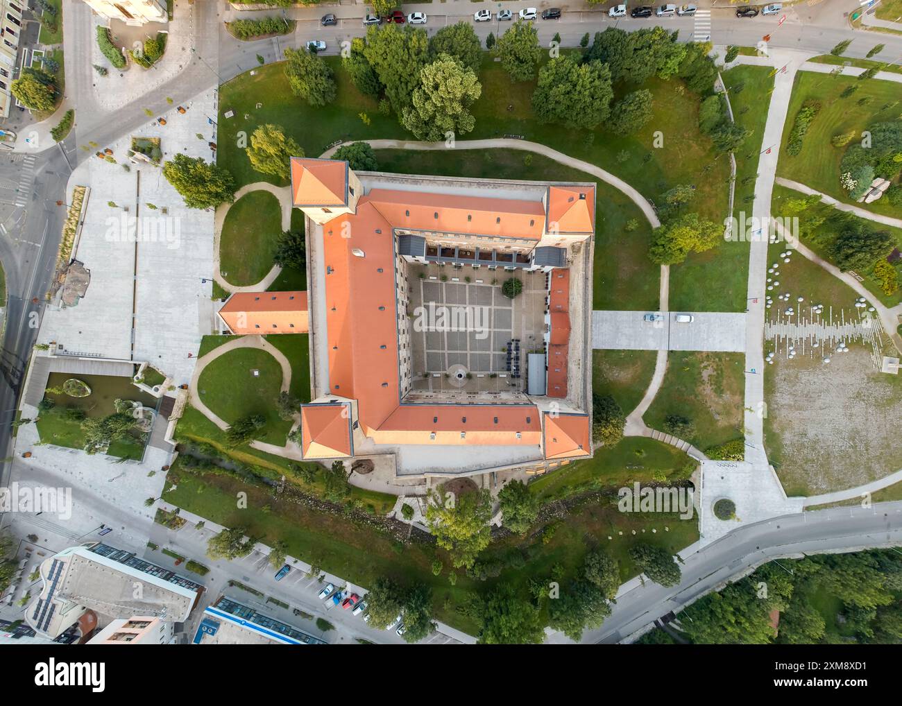 Aerial view of Varpalota Thury castle with newly renovated red orange ...