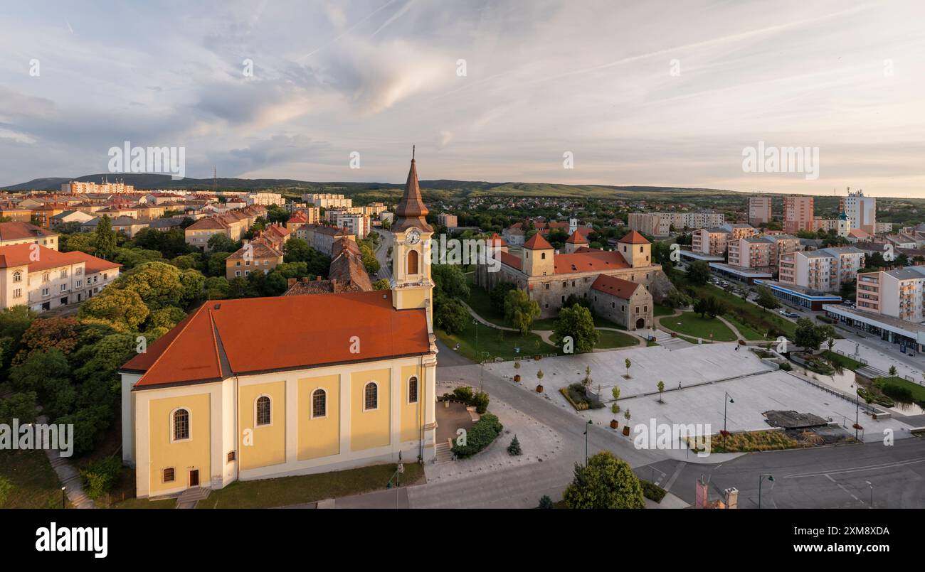 Aerial view of Varpalota Thury castle with newly renovated red orange ...