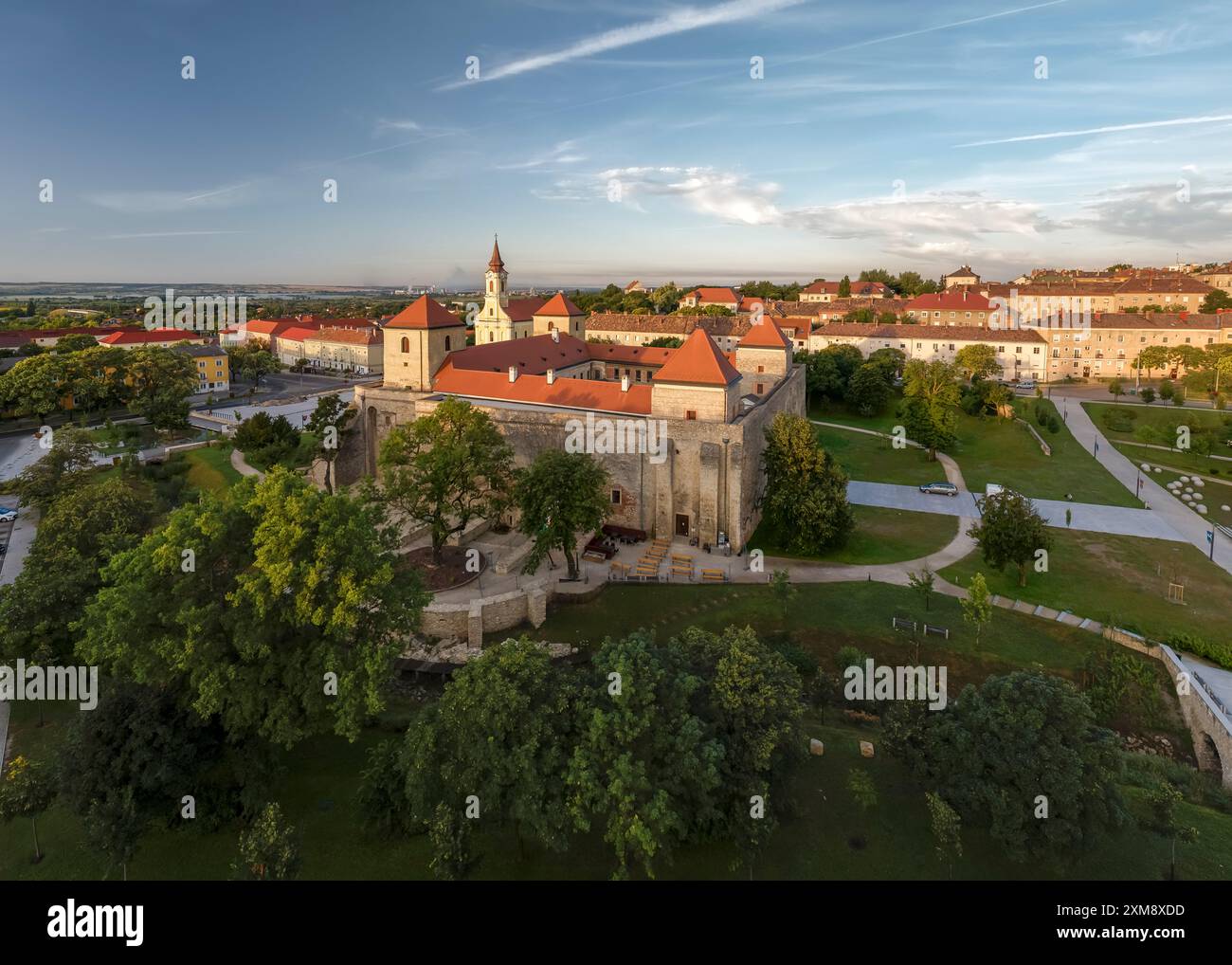 Aerial view of Varpalota Thury castle with newly renovated red orange ...