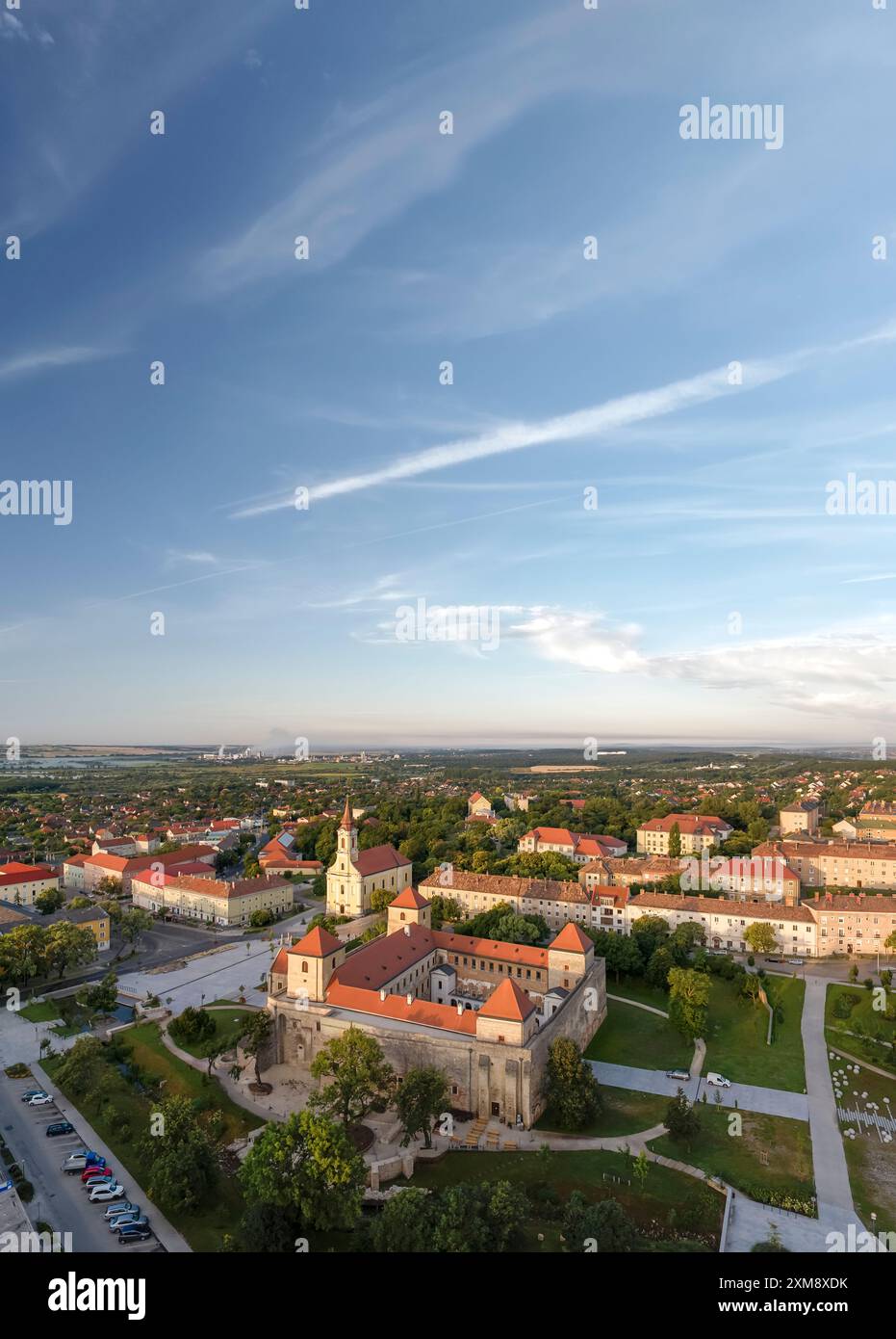 Aerial view of Varpalota Thury castle with newly renovated red orange ...