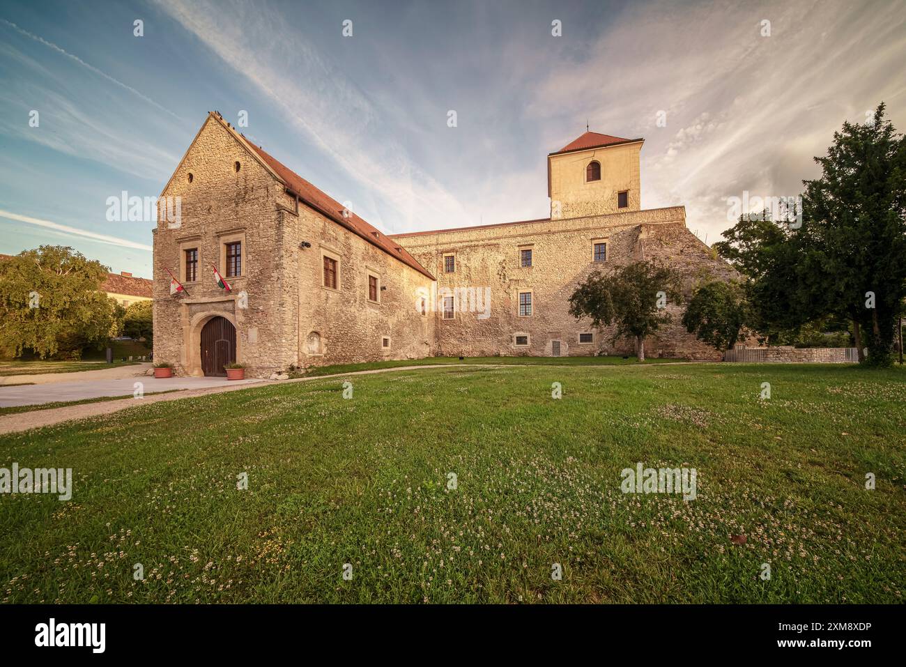 Aerial view of Varpalota Thury castle with newly renovated red orange ...