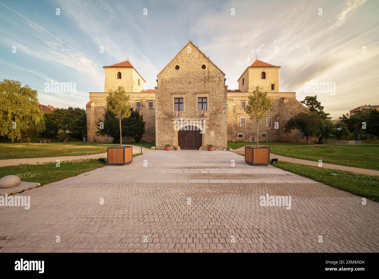 Aerial view of Varpalota Thury castle with newly renovated red orange ...
