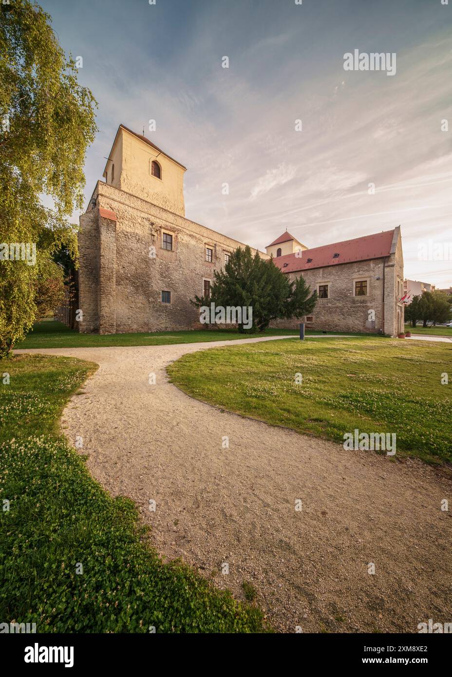 Aerial view of Varpalota Thury castle with newly renovated red orange ...