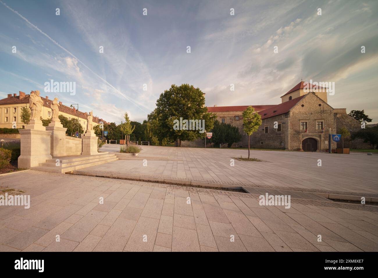 Aerial view of Varpalota Thury castle with newly renovated red orange ...