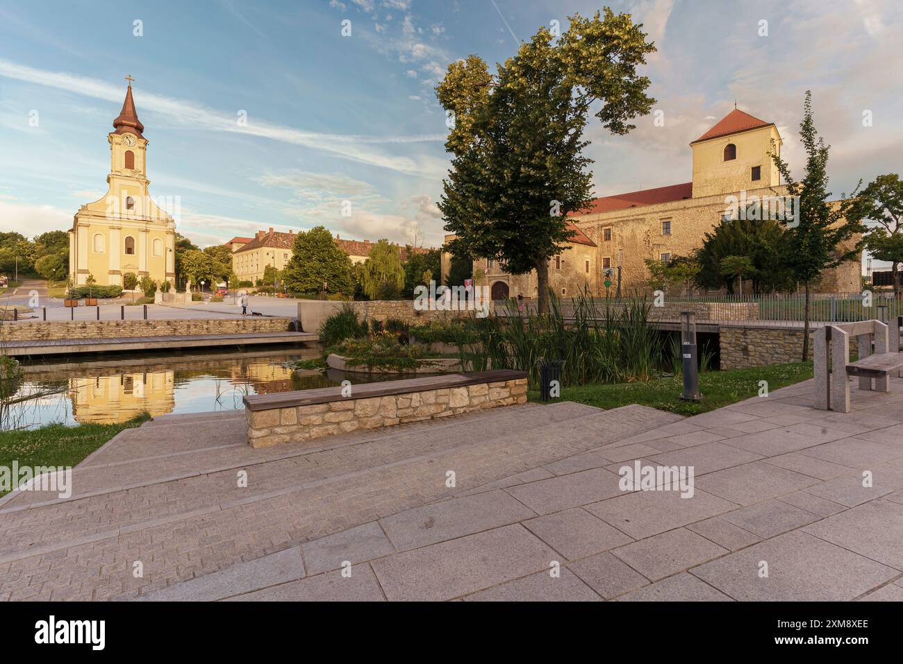 Aerial view of Varpalota Thury castle with newly renovated red orange ...