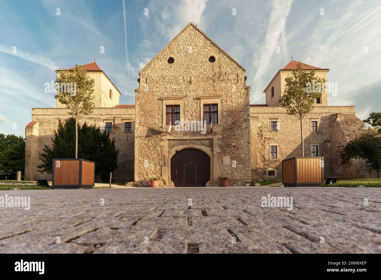 Aerial view of Varpalota Thury castle with newly renovated red orange ...