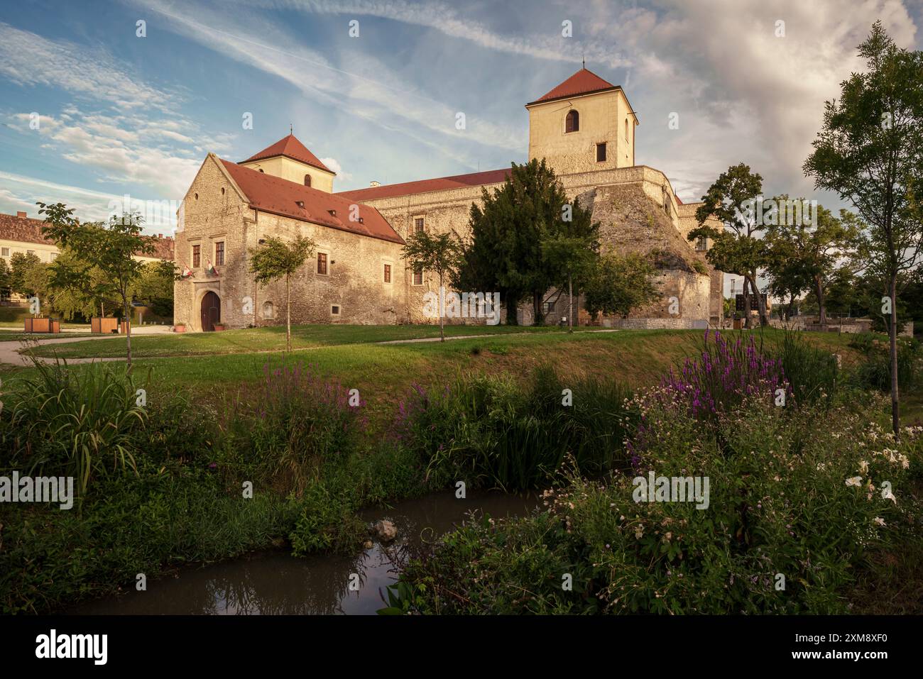 Aerial view of Varpalota Thury castle with newly renovated red orange ...