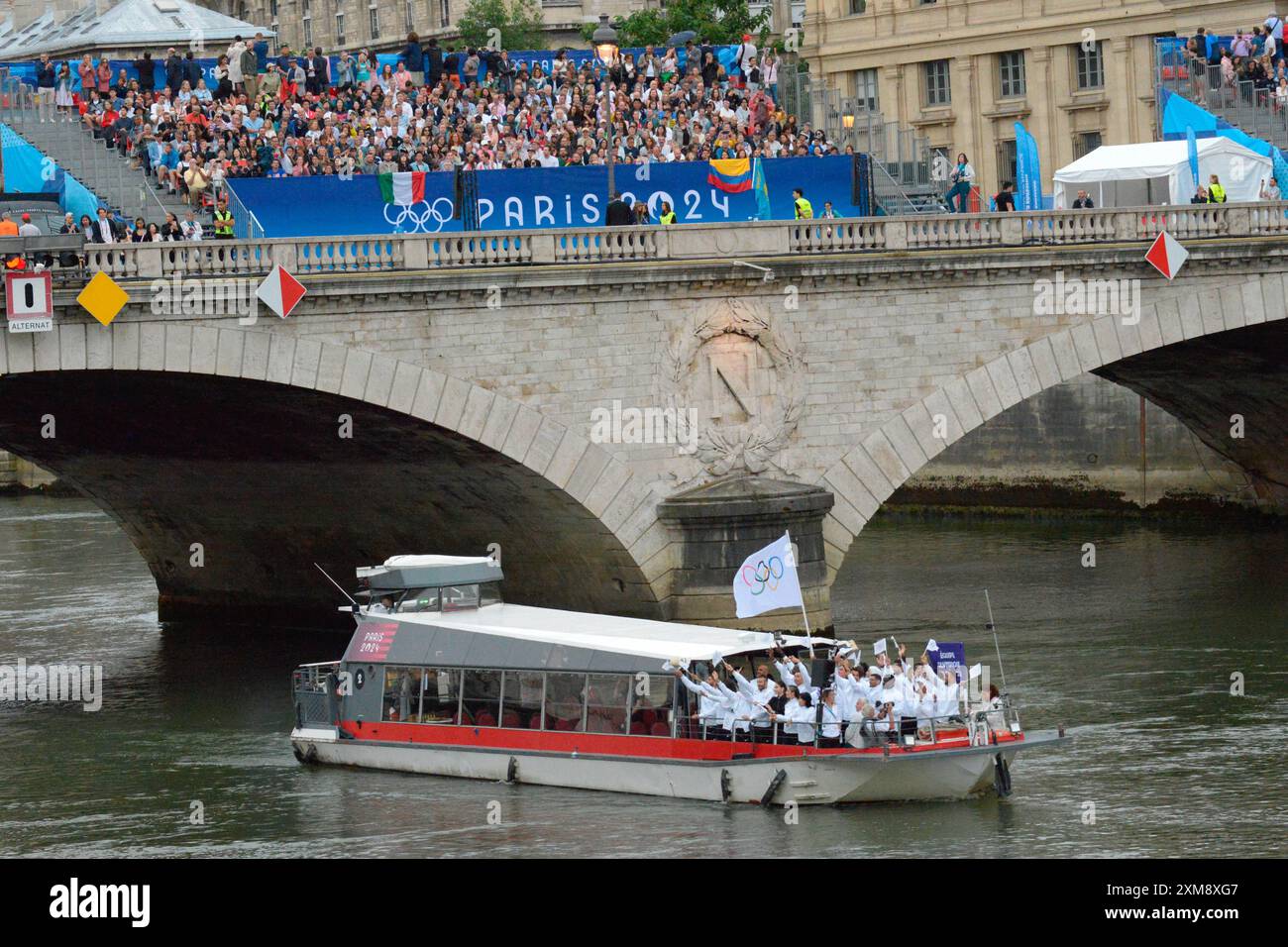 Opening Cerimony run the River Seine with Refuge Athlets during Opening ...