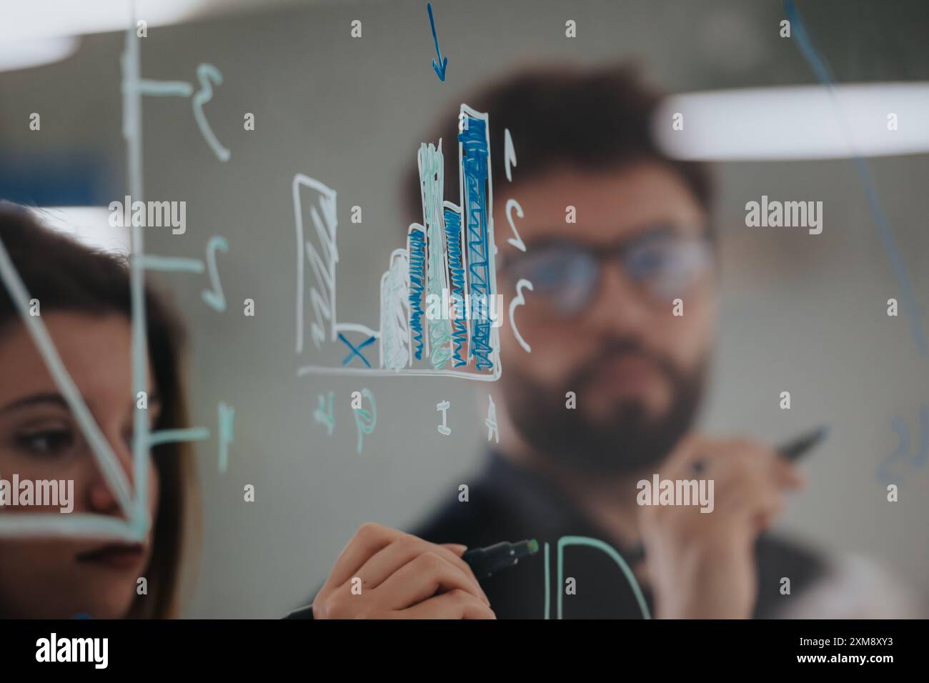 Project team collaborating glass whiteboard hi-res stock photography ...