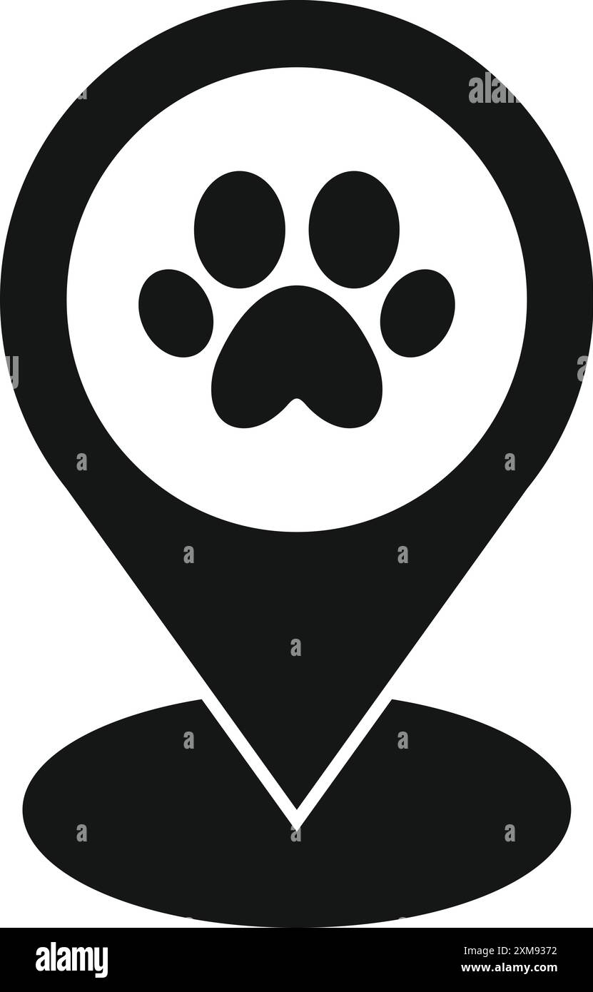 Black and white icon of a dog's paw print marking a location on a map ...