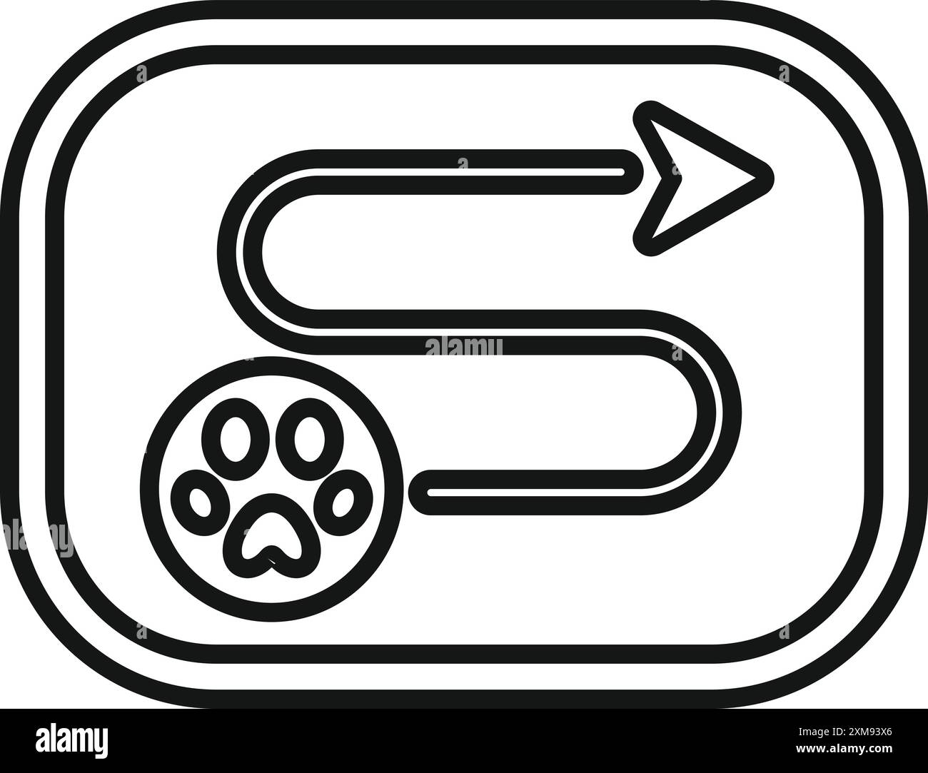 Black outline icon of a dog's paw print marking a winding route with an ...