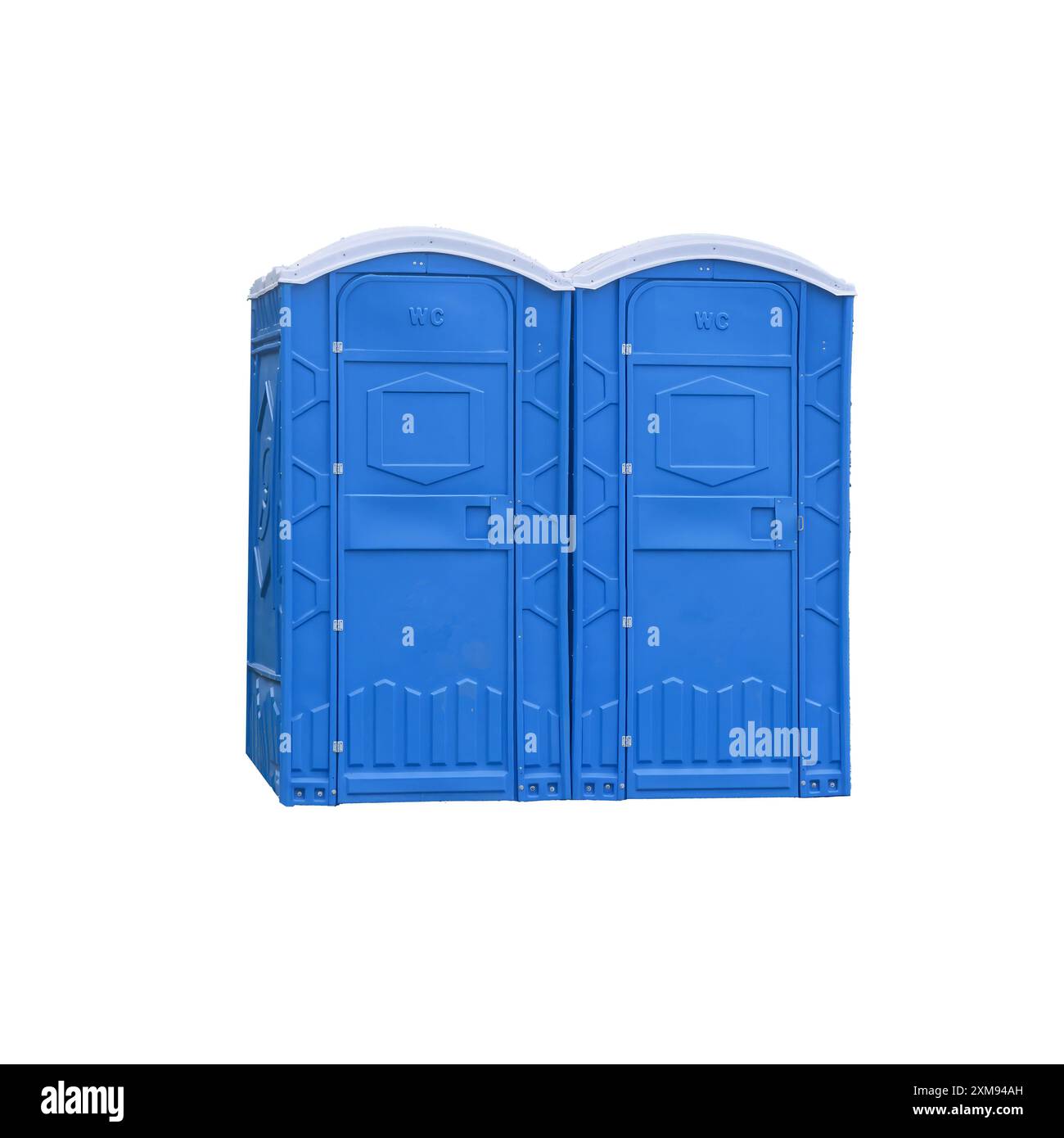 Two mobile toilet cabins of blue color isolate on white close-up Stock ...