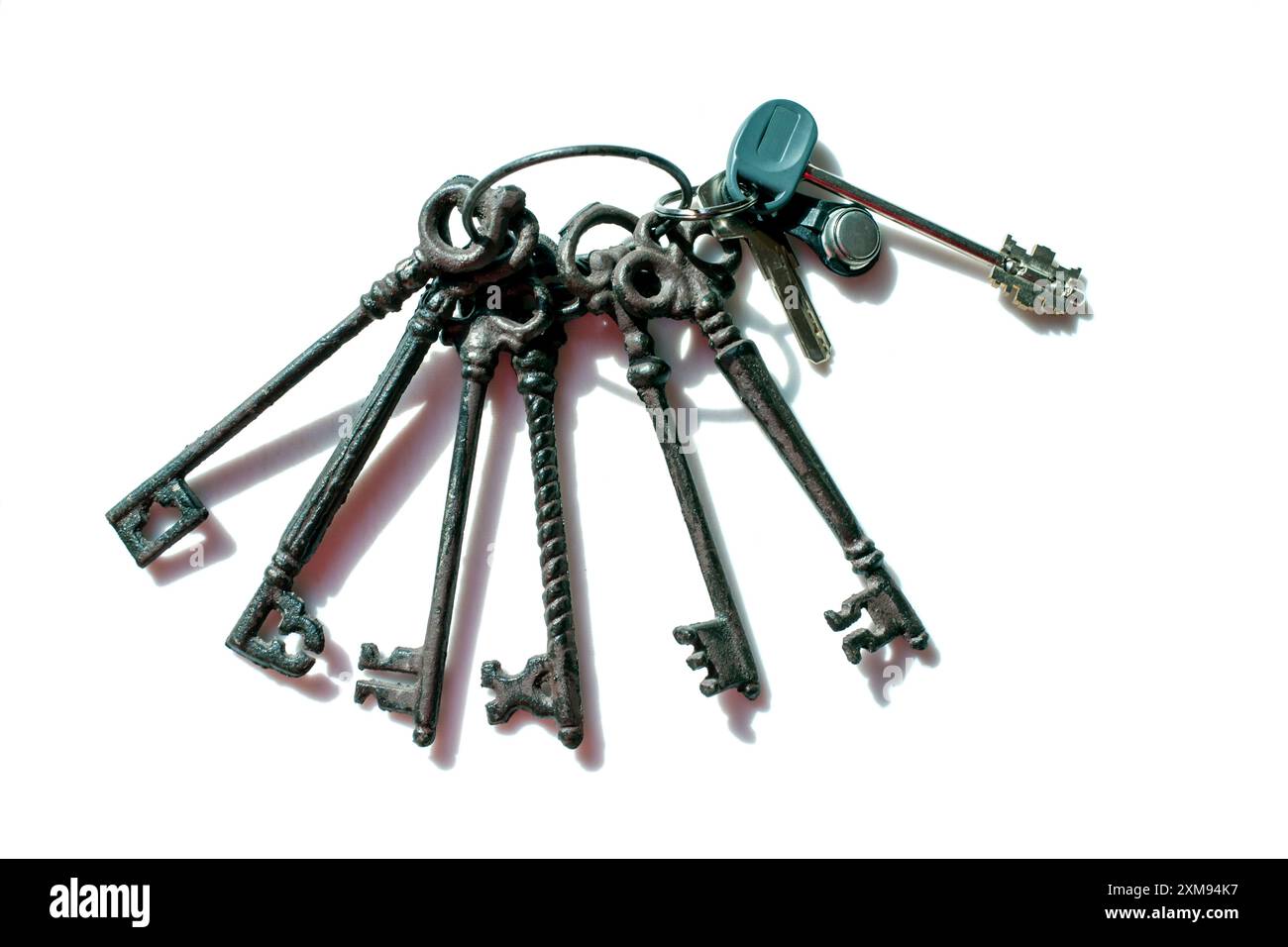 Key ring with a variety ancient keys together with new modern one Stock ...