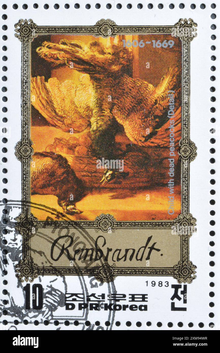 Cancelled postage stamp printed by North Korea, that shows Painting ...