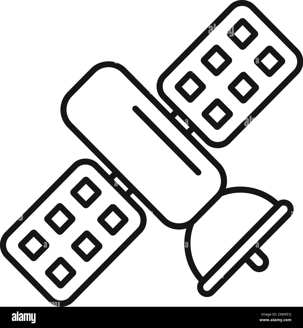 Line art icon of a space satellite with solar panels orbiting the earth ...