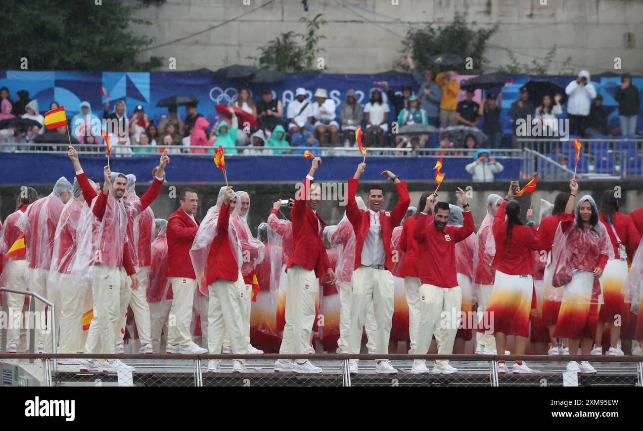 Paris, France. 26th July, 2024. A boat carrying athletes from Spain ...