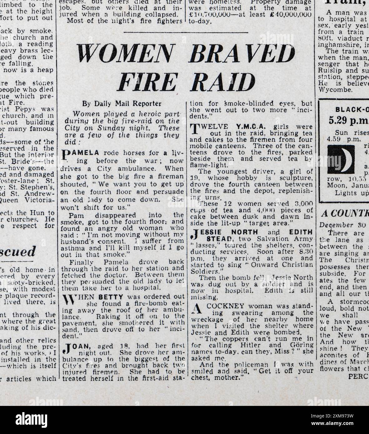"Women braved fire raid" headline in the Daily Mail (replica), 31st ...