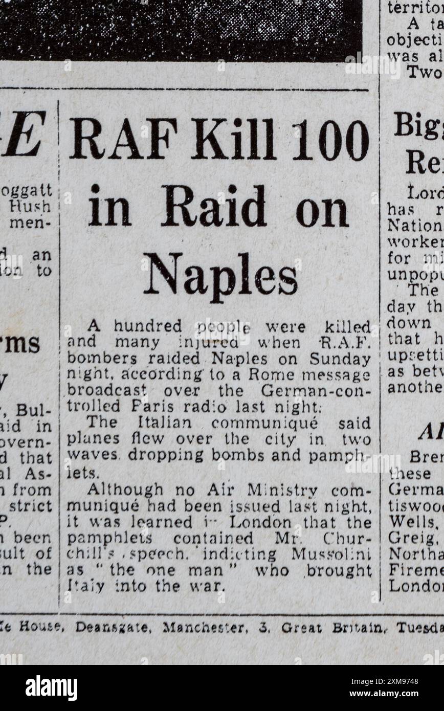 "RAF Kill 100 in Raid on Naples" headline in the Daily Mail (replica ...