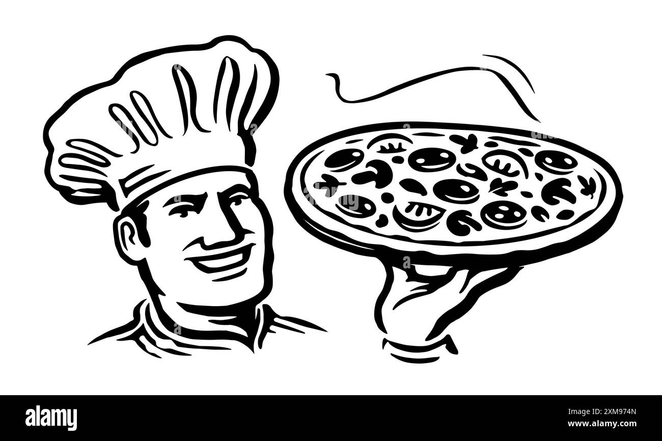 Italian chef with pizza. Hand drawn drawing for restaurant or cafe menu ...