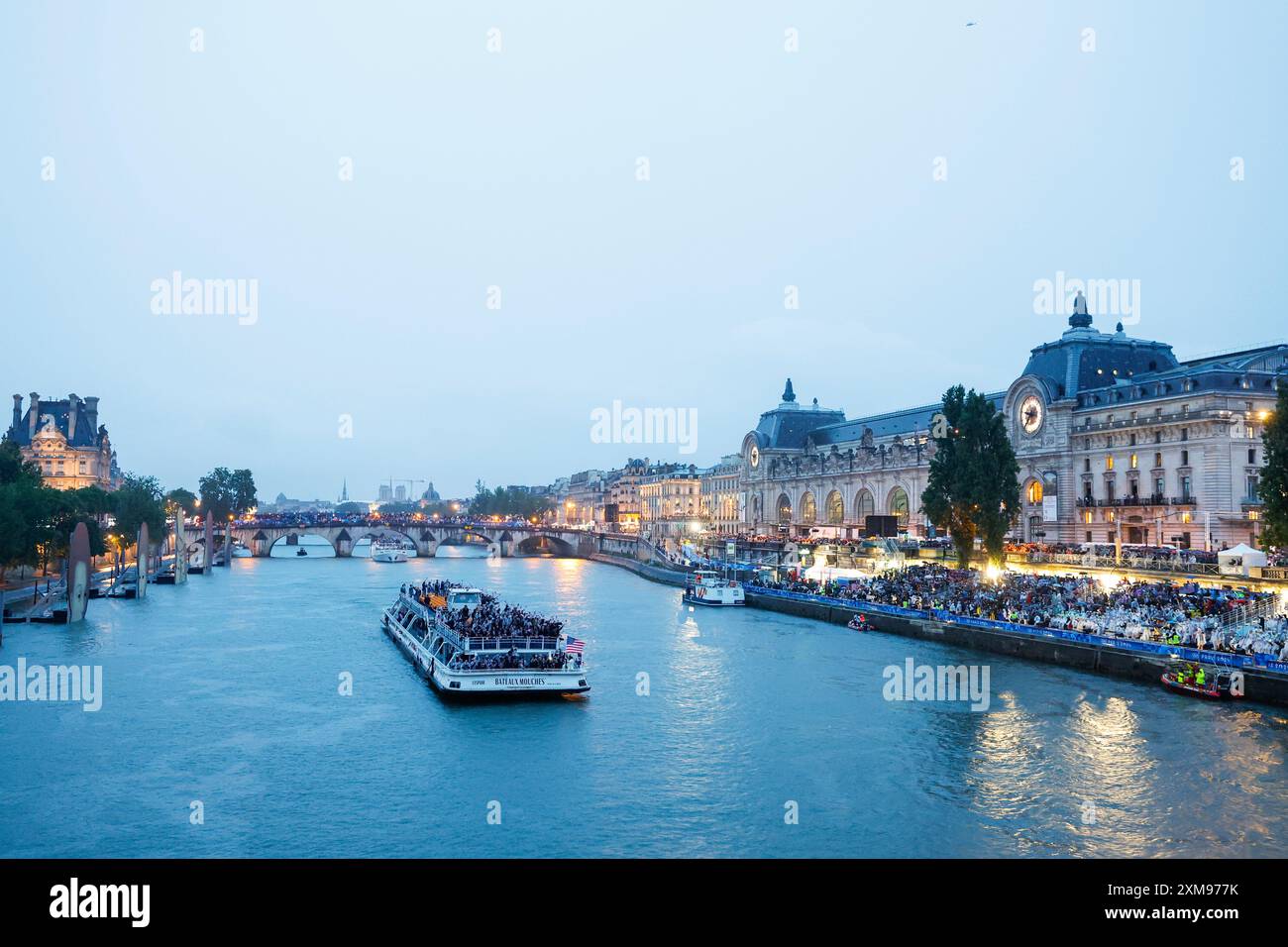 General view of the Seine with boats and the stands during opening ...